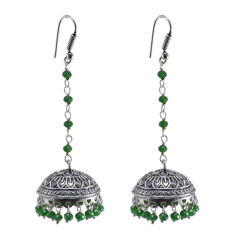 Jaipuri Jhumki-Ethnic Jewelry-Oxidized Jhumka Earrings With Green ...