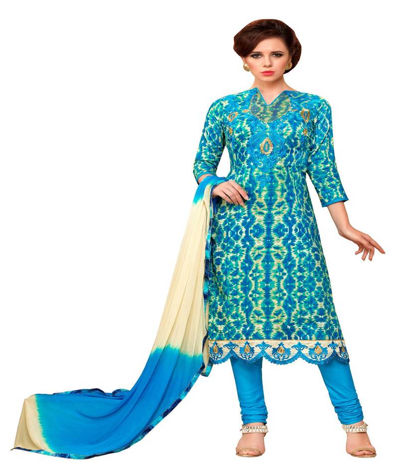 WomenBlue Pure Cotton embroidered unstitched salwar kameez with dupatta ...