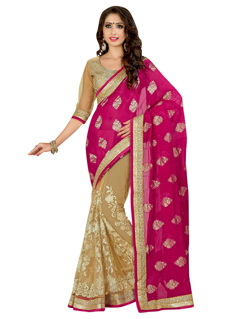 Pink embroidered viscose rayon saree with blouse - SeeMaya - 1597156
