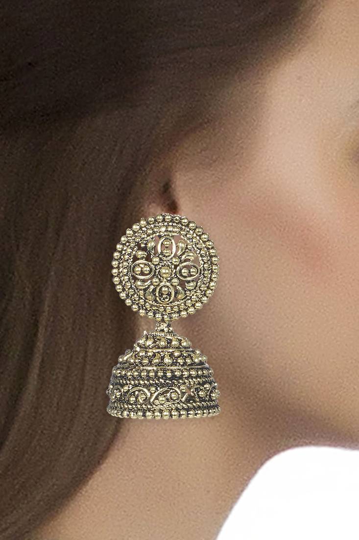 Golden Metal Oxidised Jhumka Earrings - Crazy To Wear - 560841