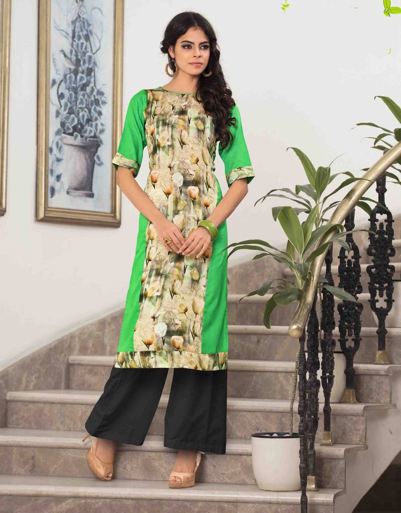 Green printed cotton party wear kurtis - Kajal Enterprise - 1608014