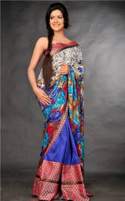 Crepe silk Chadar and royal blue raw silk mekhela - Ramdhenu - 16895