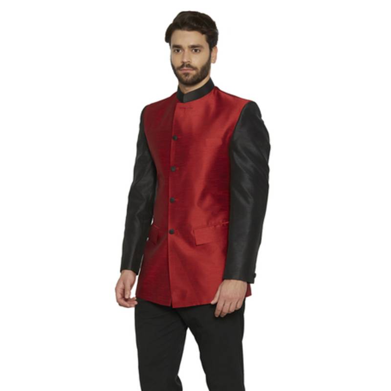 irin Ethnic Blended Silk Red Indo-Western Bandgala (Indian Coat) For ...