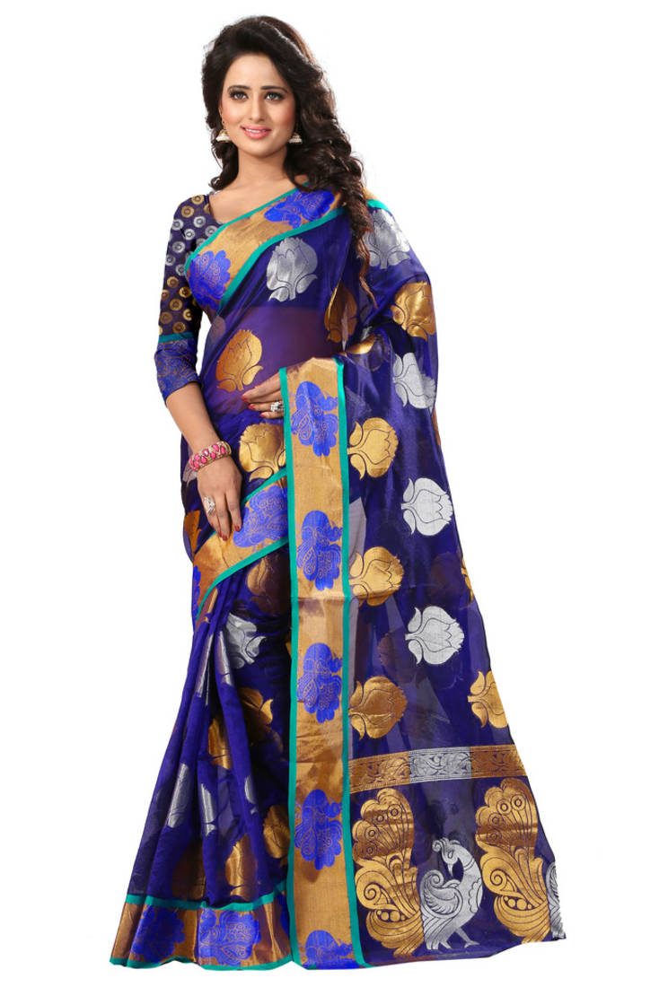 Blue plain tissue saree with blouse - DHWANI EXIM - 1681405