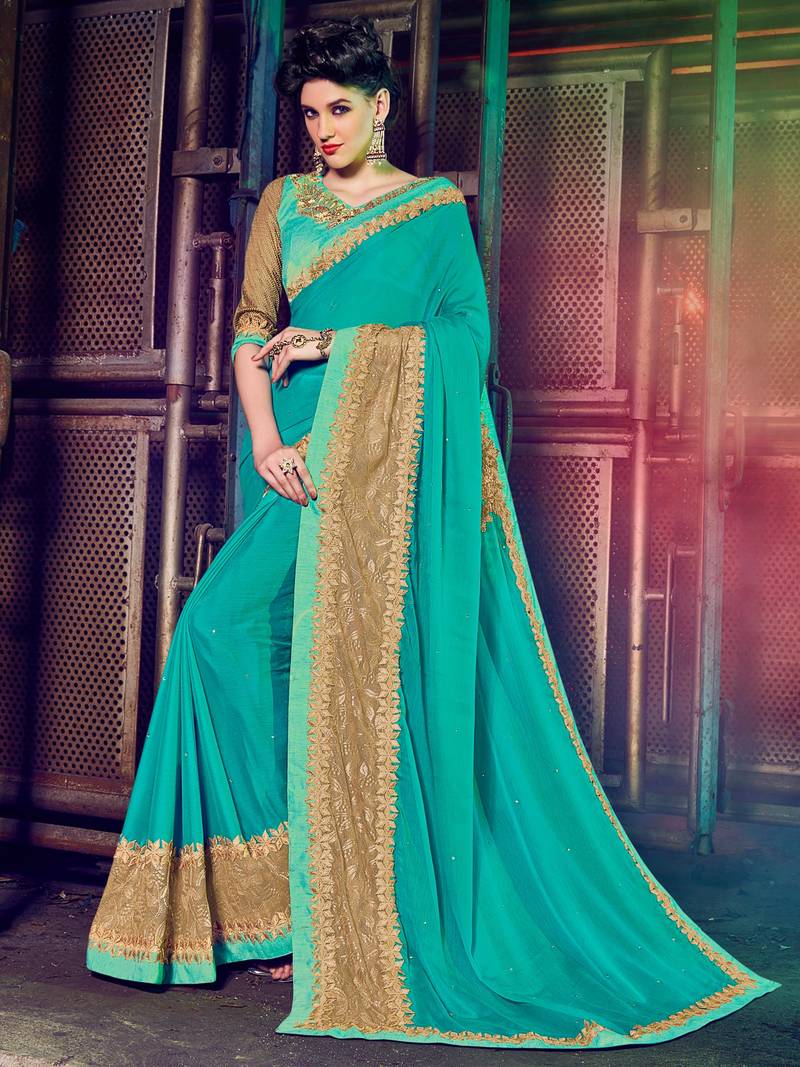 cyan embroidred chiffon saree with blouse - Indian Women Fashions Pvt ...