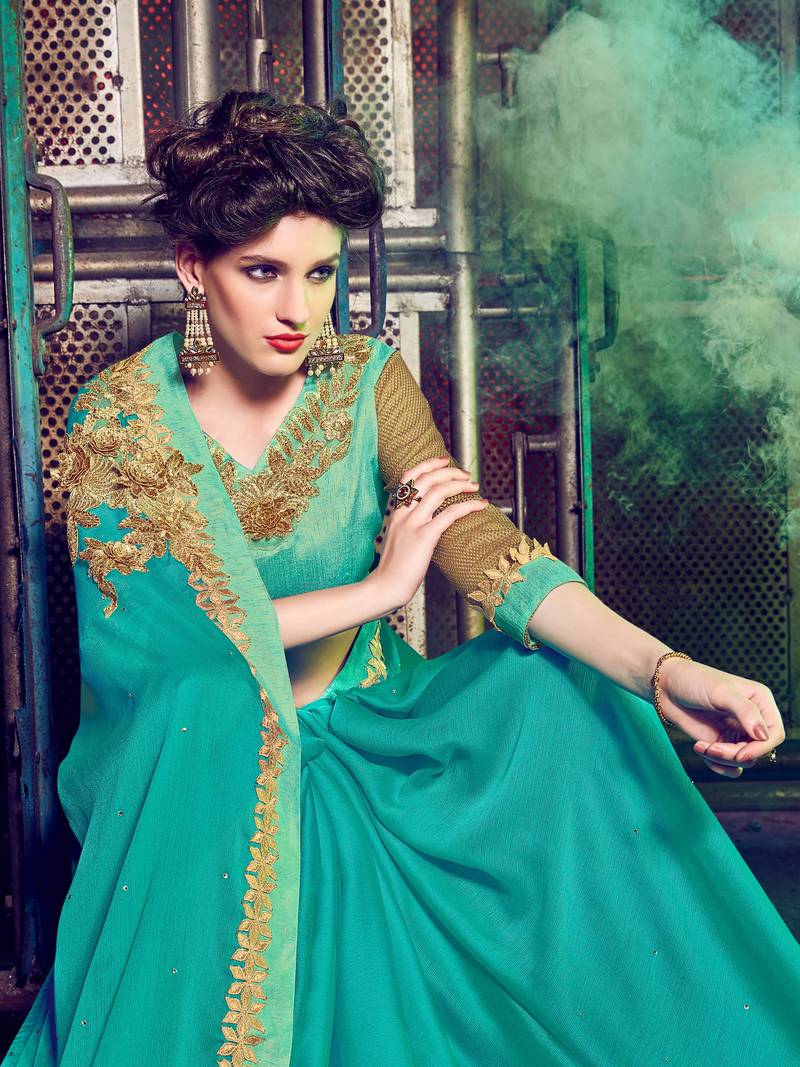 cyan embroidred chiffon saree with blouse - Indian Women Fashions Pvt ...