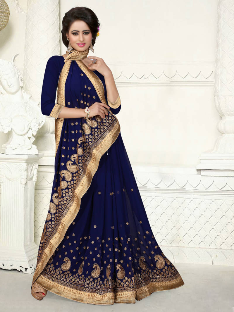 blue embroidered georgette sare with blouse - Urban Naari - 1718350