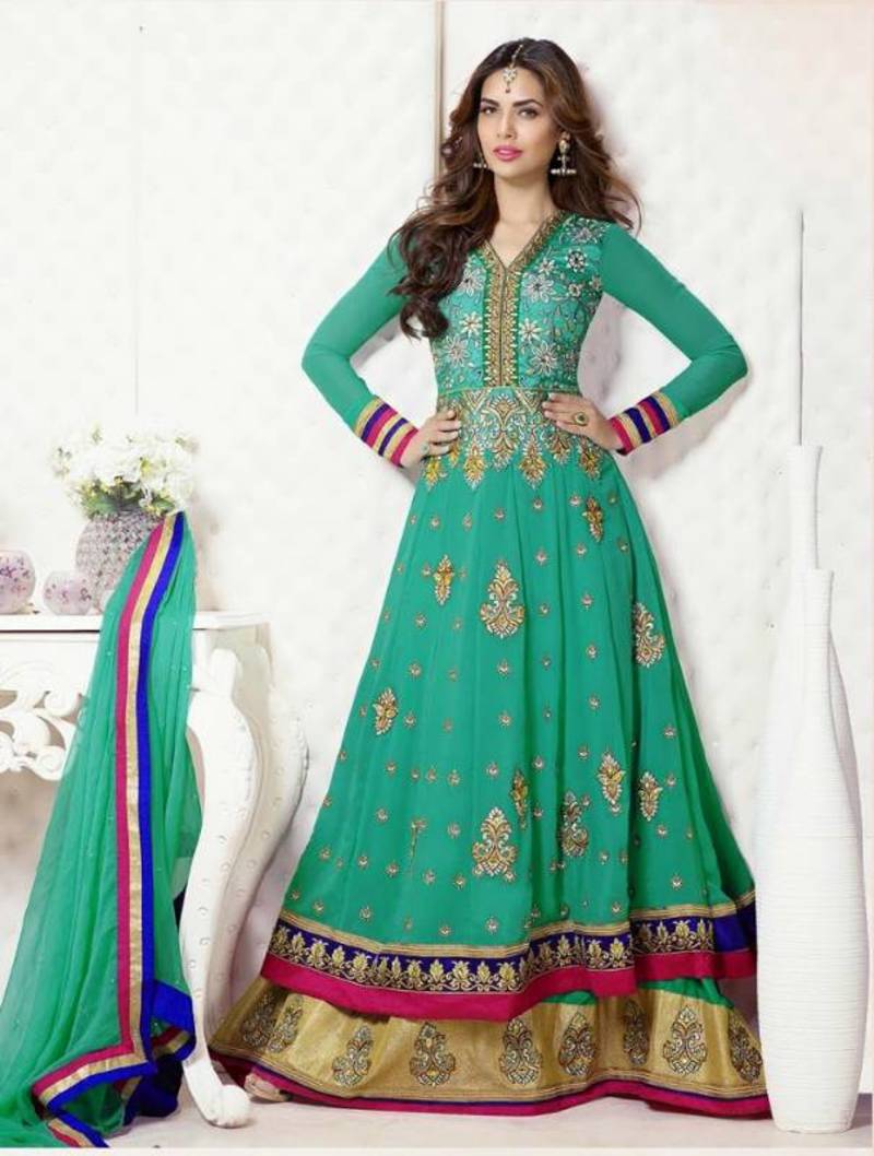 Esha Gupta In Gorgeous Designer Cyan Long Anarkali Suit - V and V Shop ...