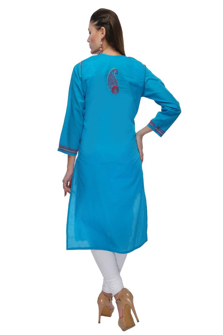 Blue embroidered cotton embroidered-kurtis - Ada - 1747419