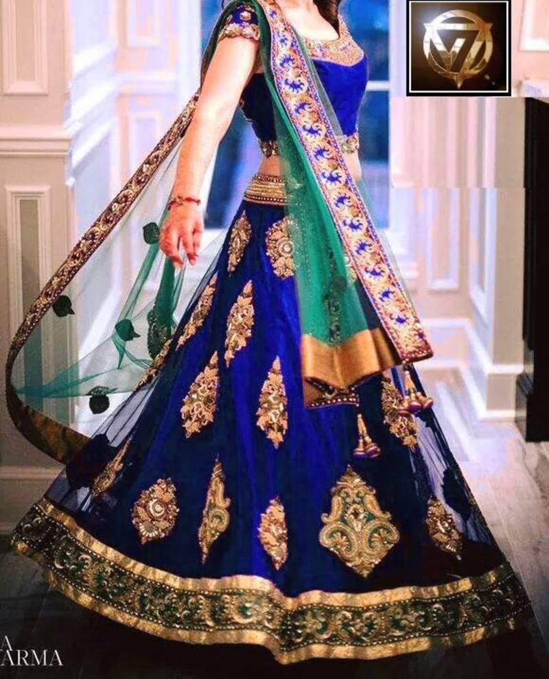 Blue embroidered satin unstitched lehenga - Tithi Fashion - 1758019