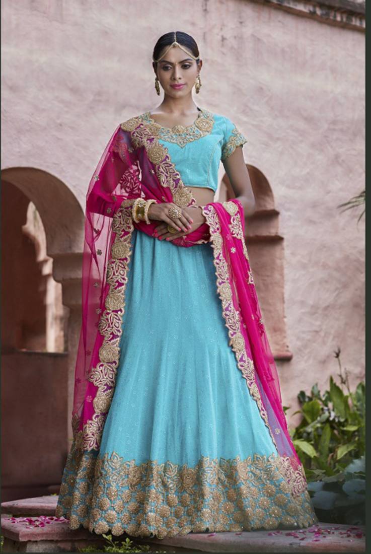 Light blue embroidered net unstitched lehenga - MahaveerCrafts - 1761863