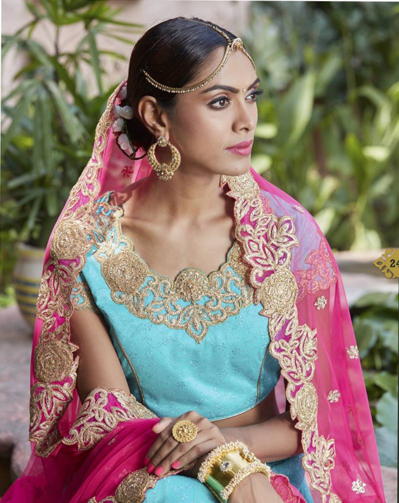 Light blue embroidered net unstitched lehenga - MahaveerCrafts - 1761863