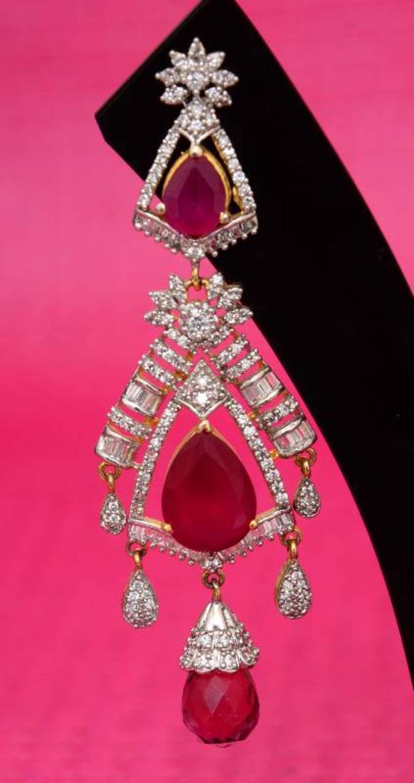 Maroon Stones long American Diamonds Danglers - getjewelified - 232137