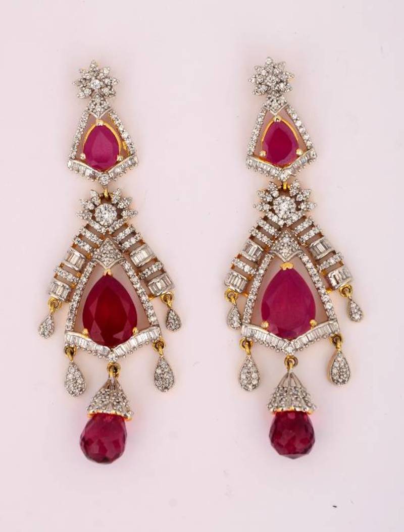 Maroon Stones long American Diamonds Danglers - getjewelified - 232137