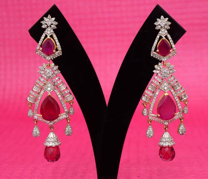 Maroon Stones long American Diamonds Danglers - getjewelified - 232137