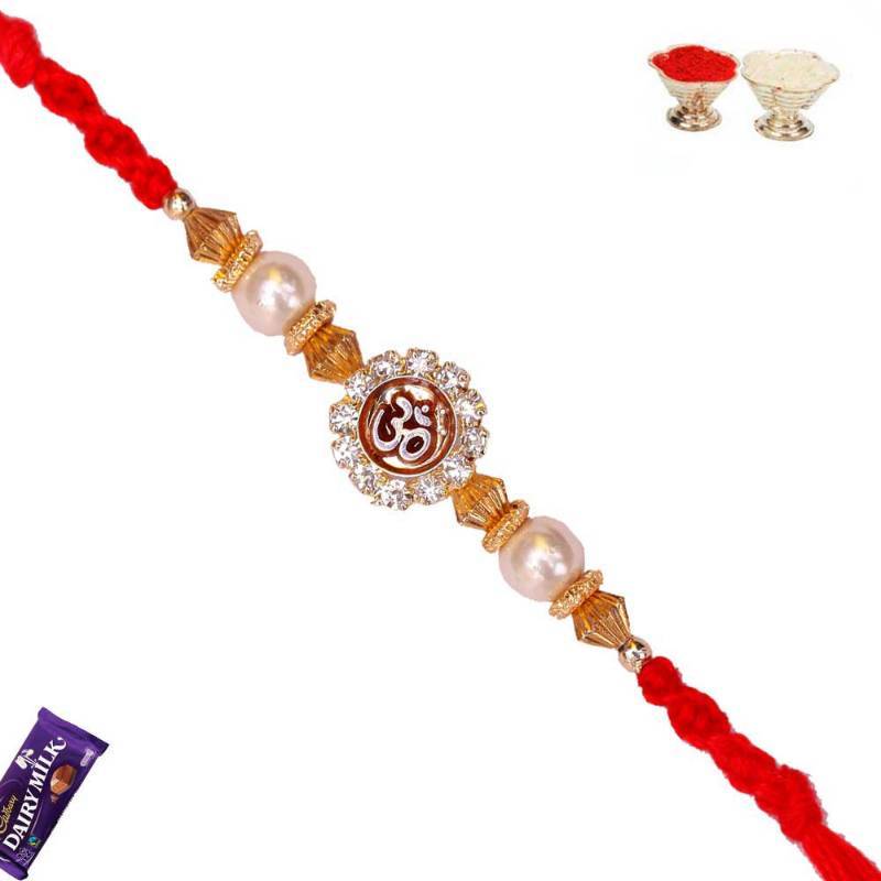 Silver Om and Pearl Mauli Thread Rakhi - maalpani - 232605