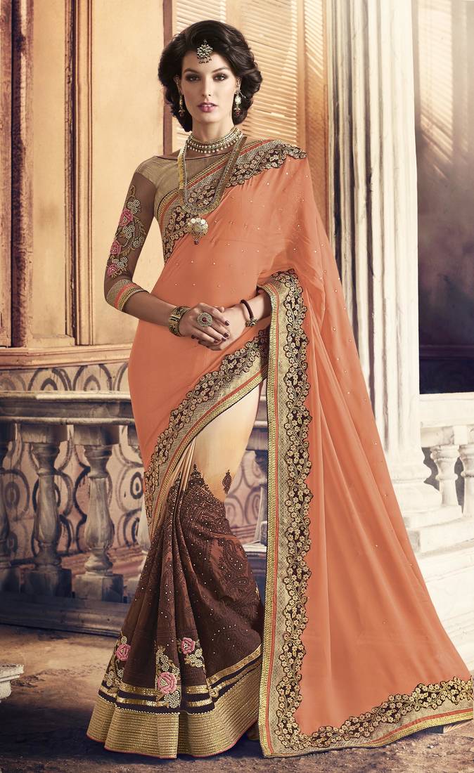 Coral embroidered chiffon saree with blouse - Hirpara House - 1778178
