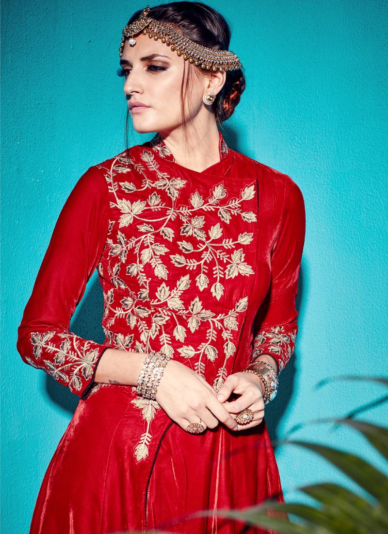 Red embroidered velvet semi stitched salwar with dupatta - Vasu Sarees ...
