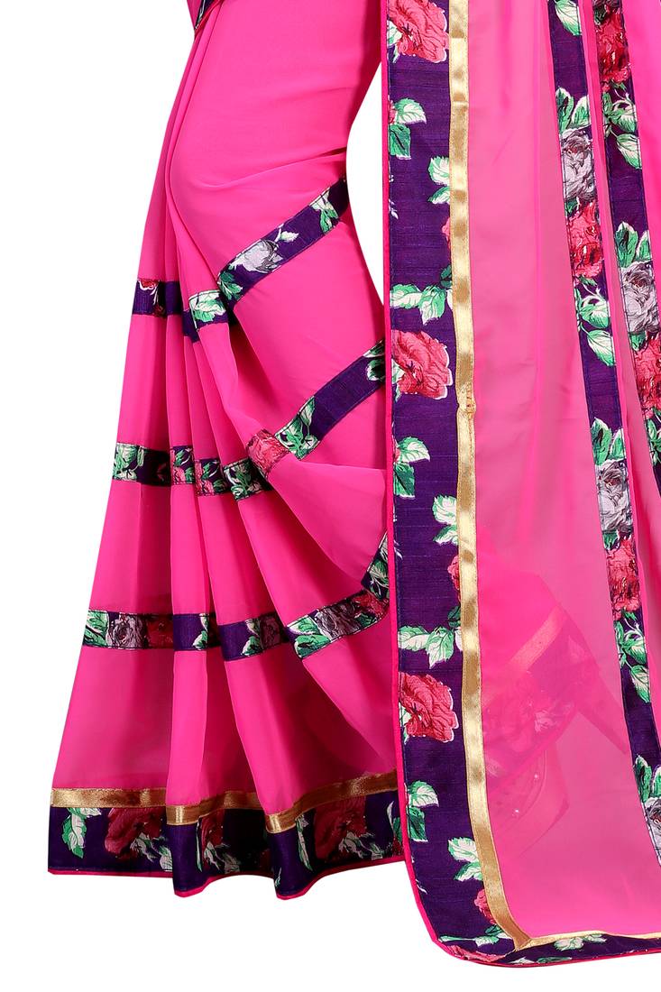 Pink plain georgette saree with blouse - Designer saree - 1792554