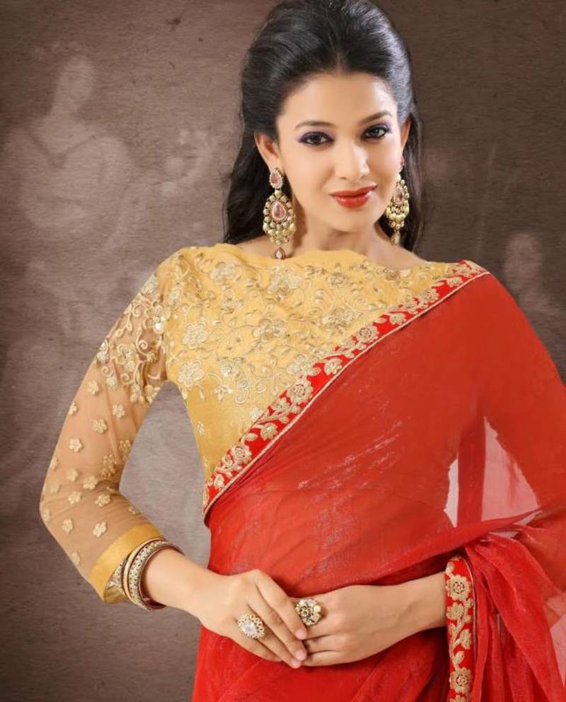 Orange Red Colour Shimmer Georgette Sari 401 - Rajshri Fashions - 237011