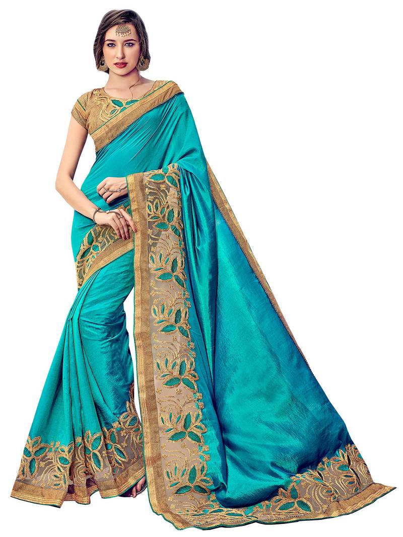 cyan embroidered art silk saree with blouse - Indian Women Fashions Pvt ...