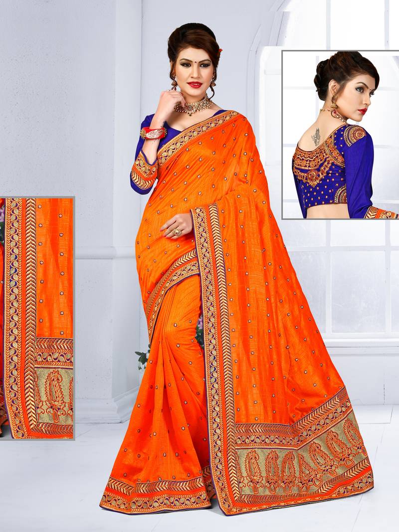 Orange embroidered silk blend saree with blouse - Ankit Fashions - 1874479