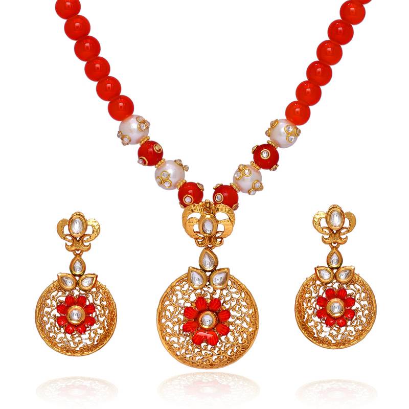 Jaali Work Gold Plated Flower Design Pendant With Orange Colour Onyx ...
