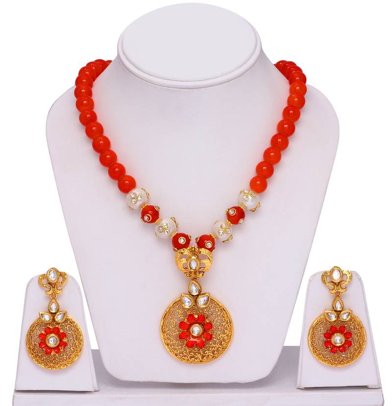 Jaali Work Gold Plated Flower Design Pendant With Orange Colour Onyx ...