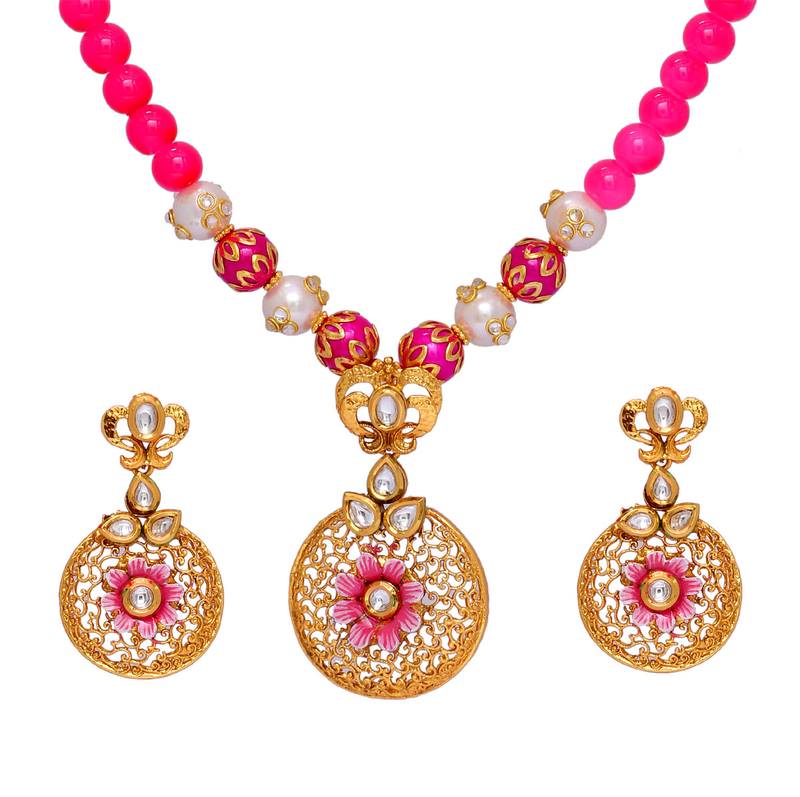 Jaali Work Gold Plated Flower Design Pendant With Pink Colour Onyx Bead ...