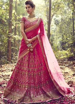 Dark rani pink embroidered silk unstitched lehenga - IMPRESSED ...