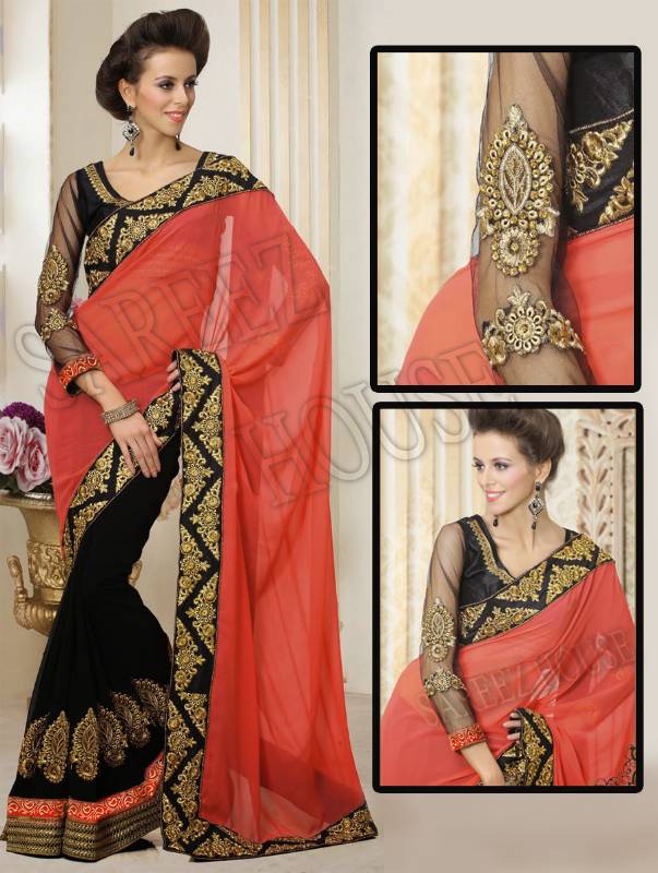 New orange gorgette saree - Bikaw - 253979