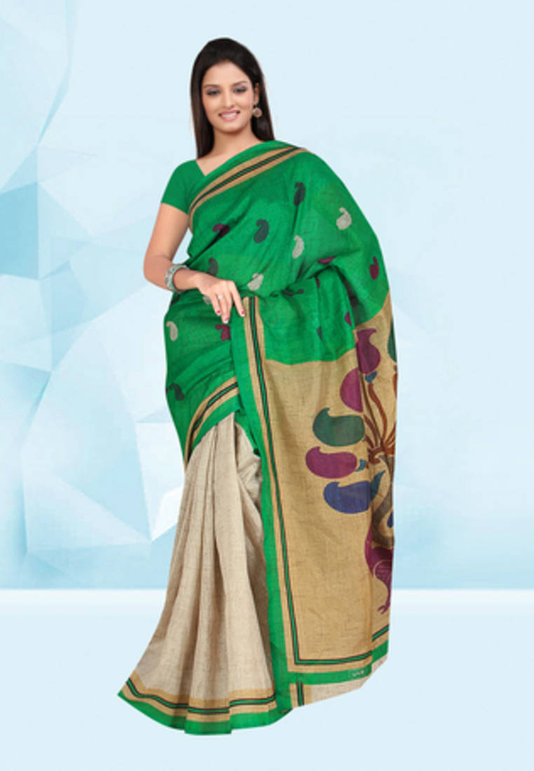 Fabdeal Green Colored Khadi Silk Printed Saree - FABDEAL PVT LTD - 254050