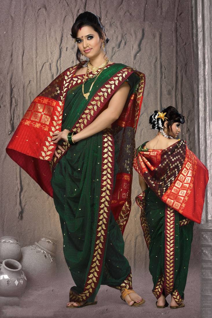 Green woven cotton poly nauvari-saree - Fashion House - 1923572