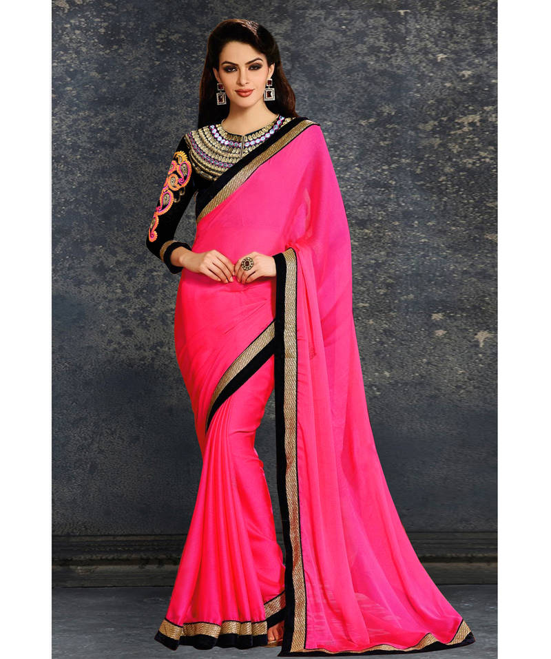 Dark pink plain georgette saree with blouse - Wama Fashion - 1996138
