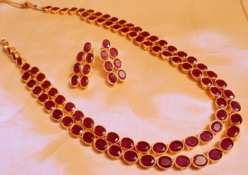 Designer 2 Line Ruby Stone Long Necklace Set With Maangtika - Runjhun ...