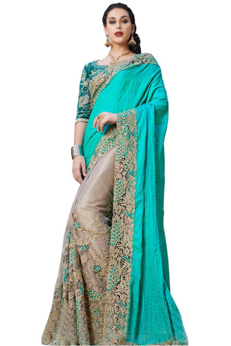 Cyan Embroidered Art Silk Saree With Blouse - Isha Enterprise - 2008664