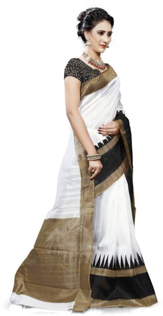 White printed cotton silk saree with blouse - Shree Impex - 2035275