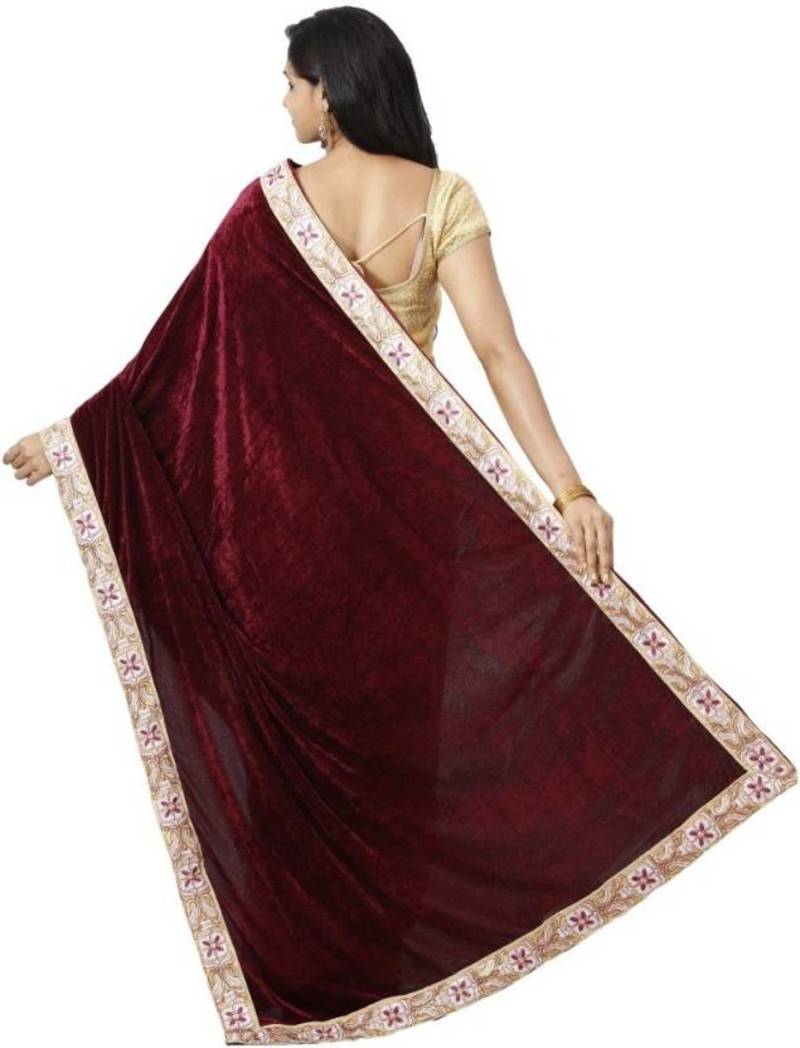 Maroon velvet half-half saree - Fablica - 1102382