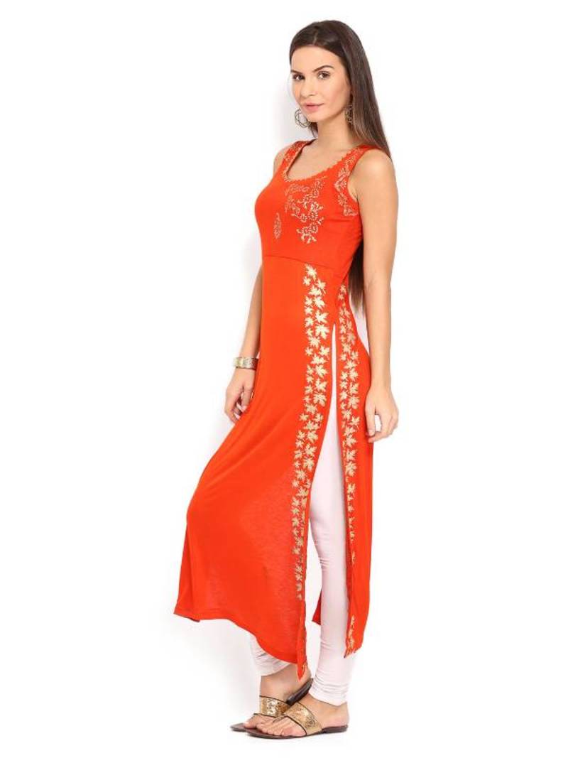kukn114 IraSoleil Viscose Orange Long Slit Kurti - Ira Soleil - 274388