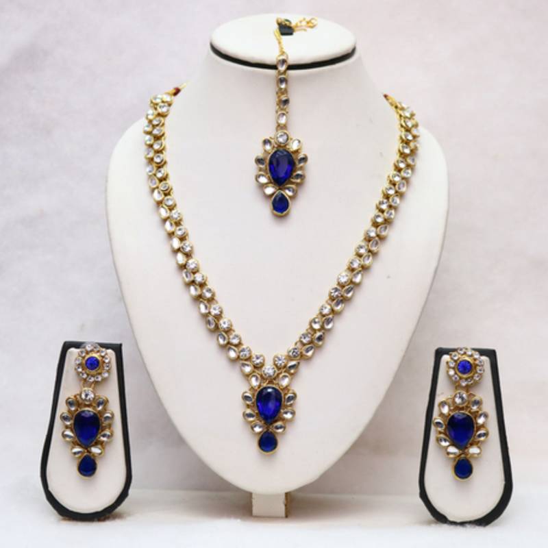 beautiful blue colour necklace set with earring and maang tikka ...