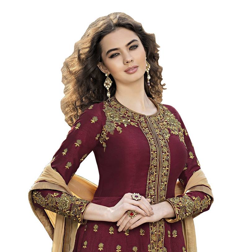 Maroon thread embroidery cotton silk salwar with dupatta - latitude ...