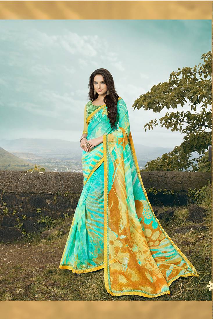 cyan printed cotton saree with blouse - Shaily - 2088200