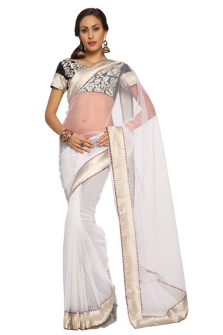 White Embroidered Net Saree With Blouse (1454) - Designersareez - 278938