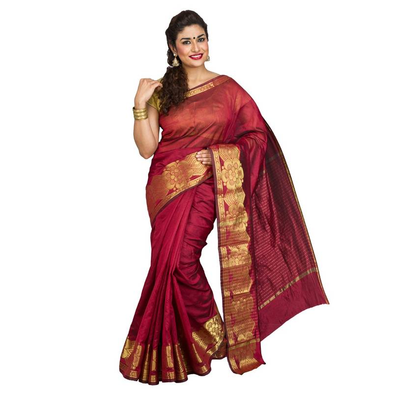 Maroon plain silk cotton saree with blouse - Pavecha's - 2144628