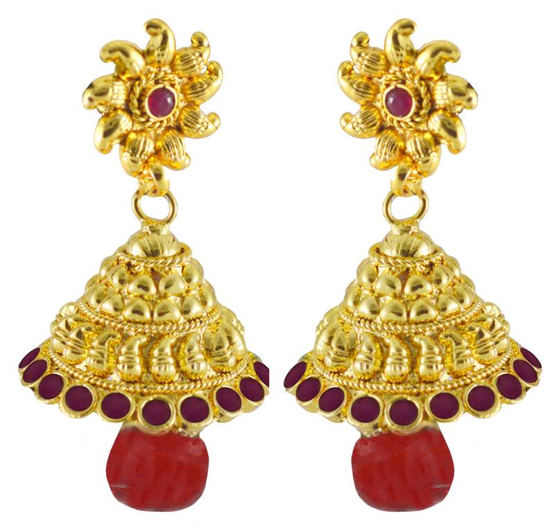 Handcrafted Jhumkas In Red stone - REJEWEL - 2166103