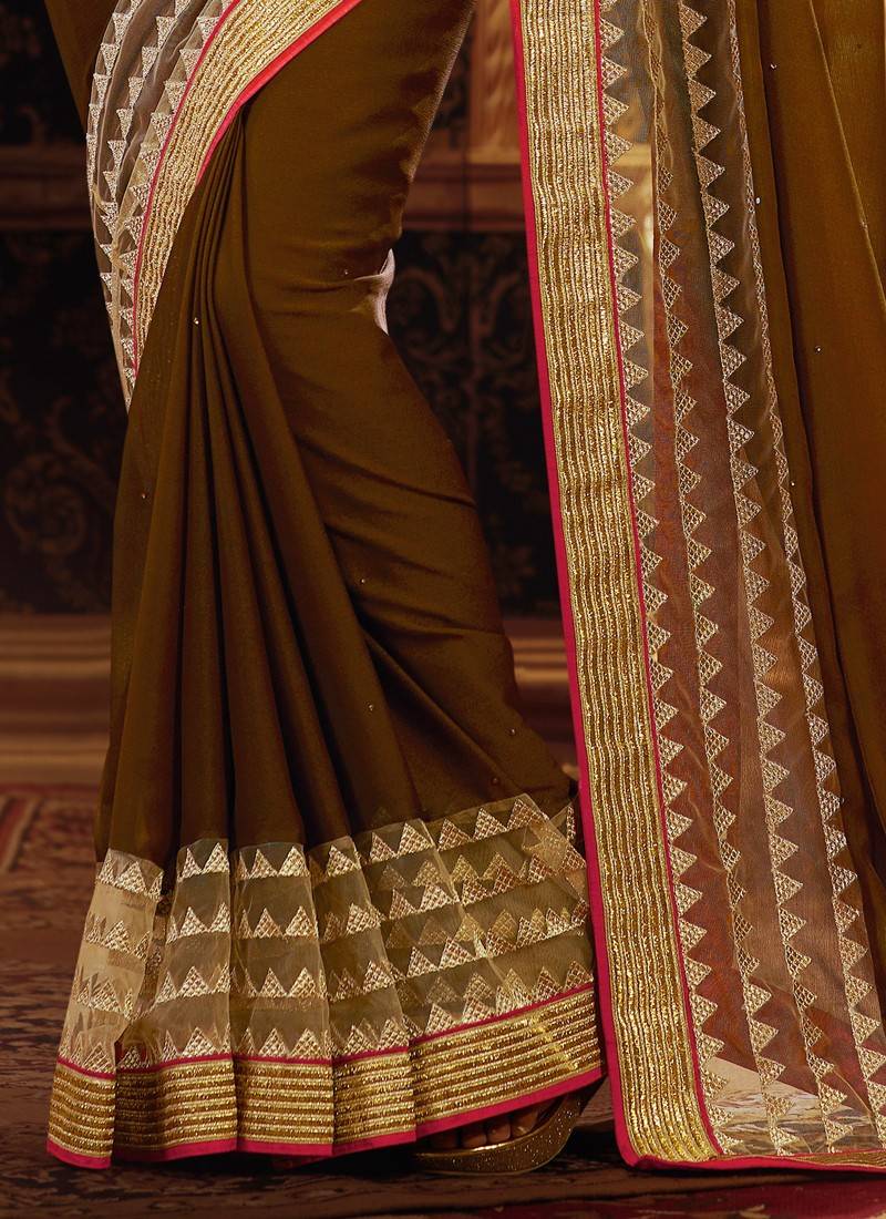Brown embroidered georgette saree with blouse - Moksha NX - 2170138