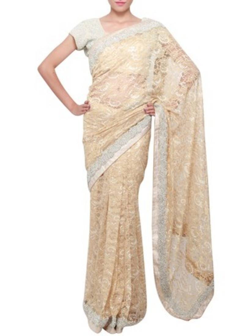 Gold chantilly lace saree embellished in pearl and stone border ...