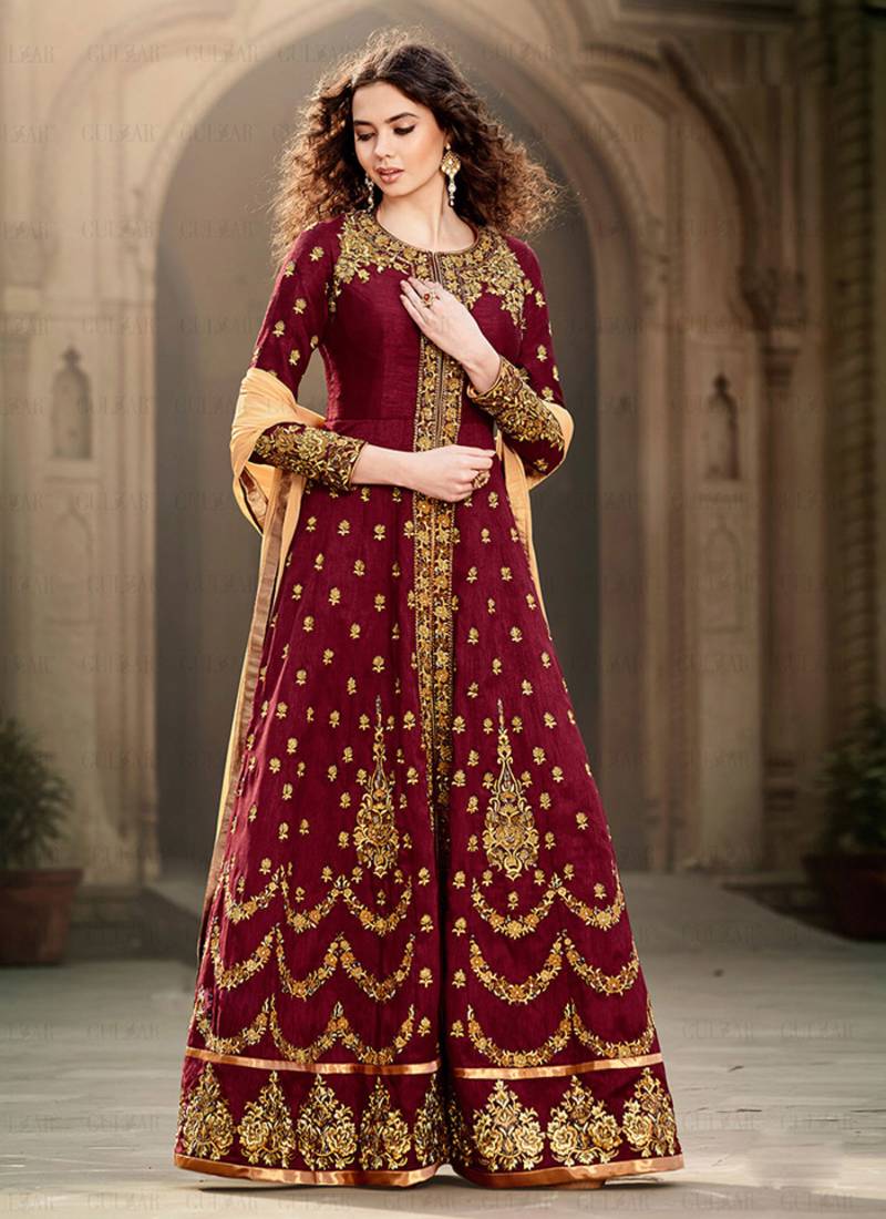 Red embroidered cotton silk salwar with dupatta - HD Fashion - 2176127