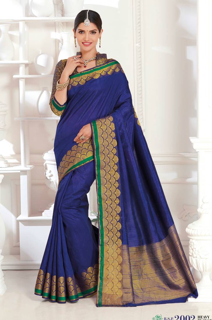 Blue Woven Raw Silk Saree With Blouse - The Fashion Attire - 2187108