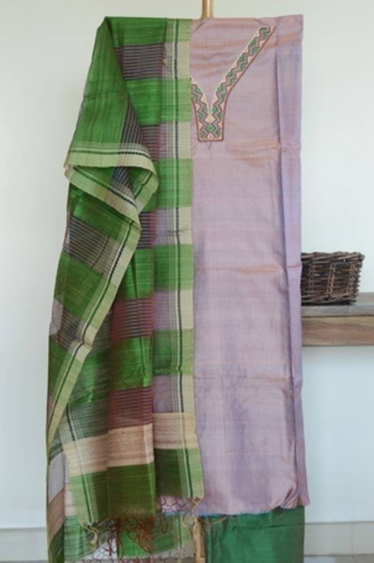 Greenish peach colour, Hand embroidery, Tussar silk, churidhar, party ...